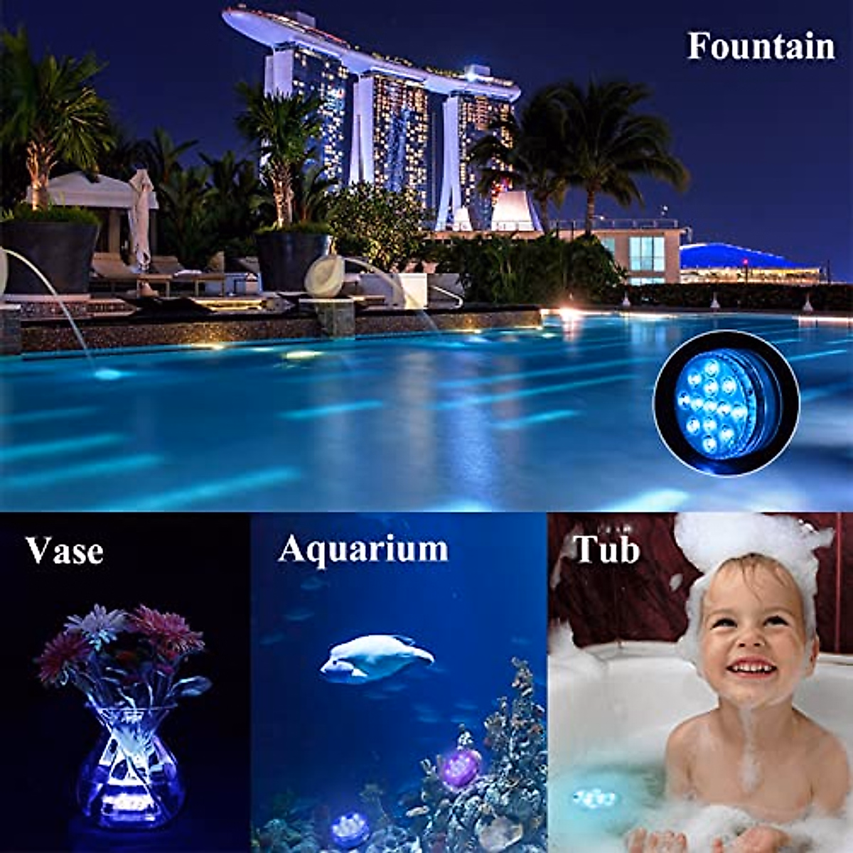 1PC Pool Lights Submersible LED Lights With Magnet And Suction Cups Remote Pool Lights IP68 Waterproof Underwater Timing With Pool Light for Pond Aquarium Fountain Bathtub Home Garden Decor (S, Clear)