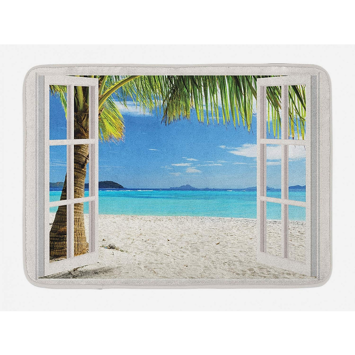 Nichpedr Turquoise Tropical Palm Trees on Island Ocean Beach Through White Wooden Windows Entrance Way Rugs Doormats Soft Non-Slip Washable Bath Rugs Floor Mats for Home Bathroom Kitchen 16x24 Inch