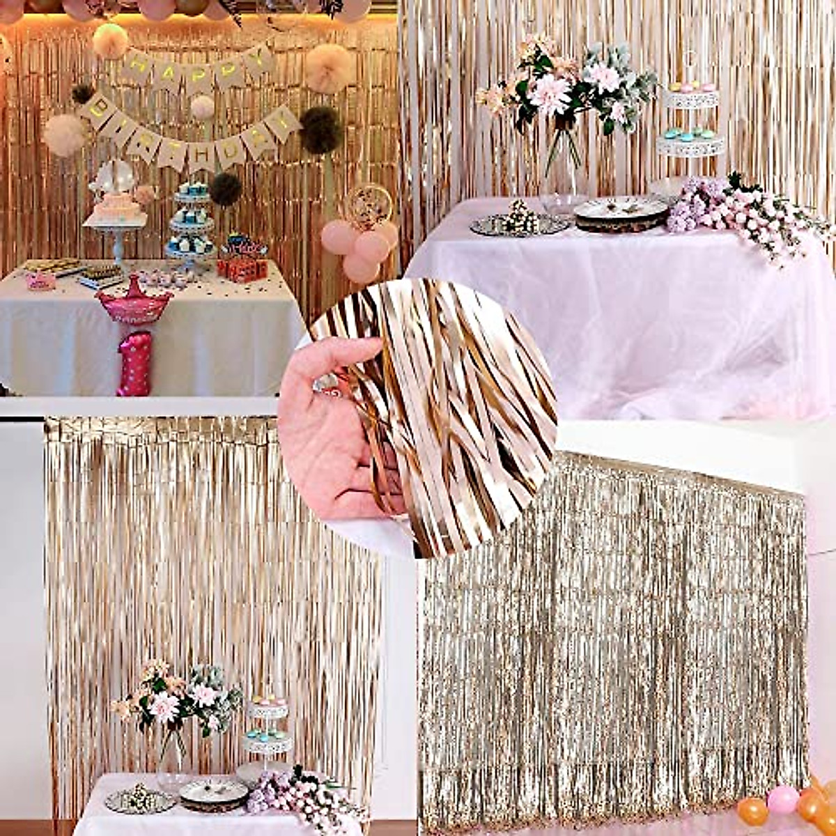 Dazzle Bright Backdrop Curtain, 3FT x 8FT Metallic Tinsel Foil Fringe Curtains Photo Booth Background for Baby Shower Party Birthday Wedding Engagement Bridal Shower (2, Champagne Gold)