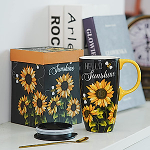 Topadorn Sunflower Ceramic Mug Coffee Cup with Lid and Matching Gift Box Latte Mug,17oz.Hello, Sunshine
