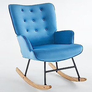 Kosydown Basic Blue Rocking Chair, Velvet Rocking Chair Nursery, Upholstered Comfy Armchair with High Backrest for Living Room Bedroom Offices, Solid Wood Legs Reading Chair