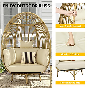 DWVO Outdoor Rotating Egg Chair, Patio Swivel Chair Oversized, 370lb Capacity, Anti-Slip, All-Weather Wicker Egg Lounger Chair for Indoor, Outside (Beige)