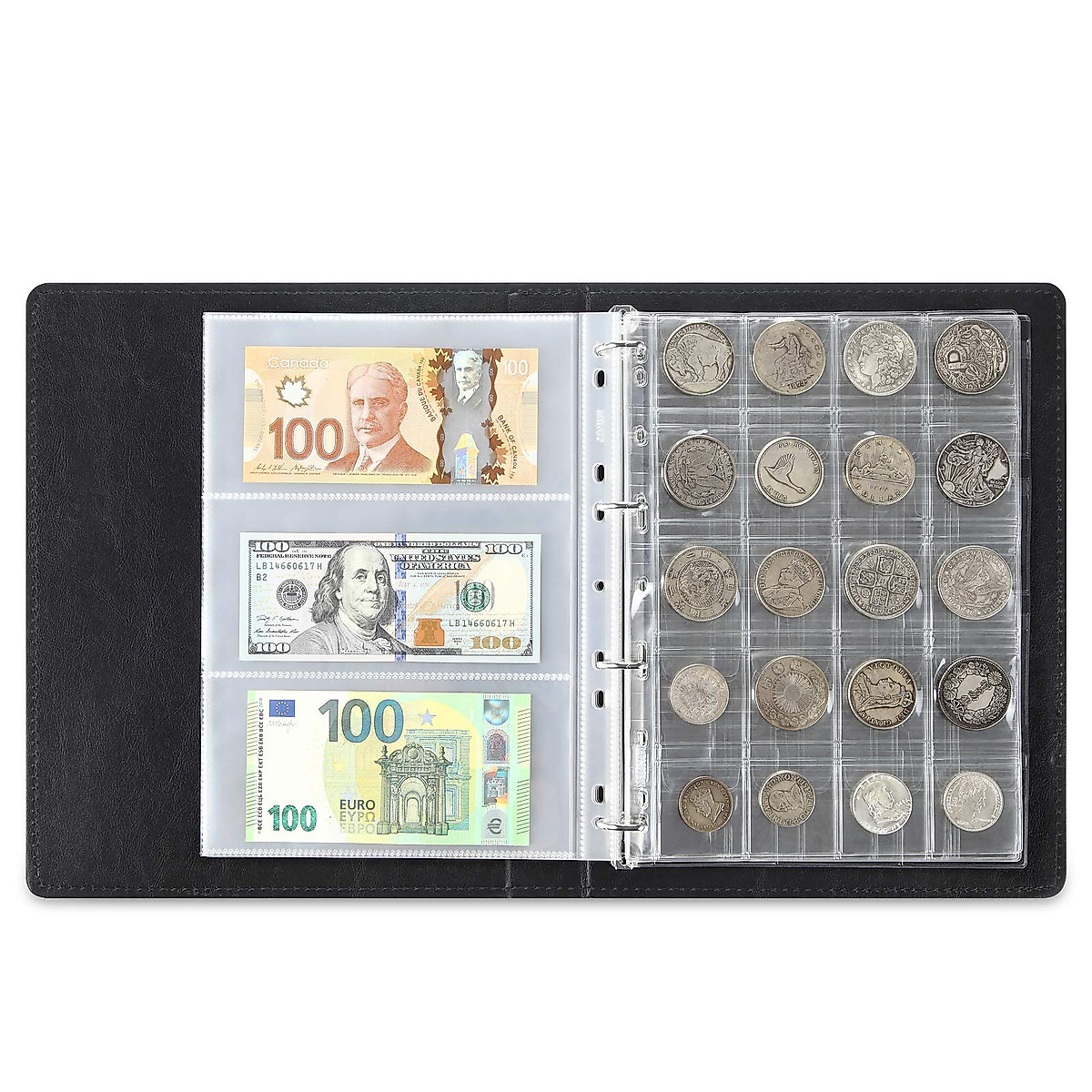 MUDOR Empty Premium PU Classic Binder, 4 Ring Binder Albums Stockbook for Stamps, Documents, Coins, Bank Notes(Black)