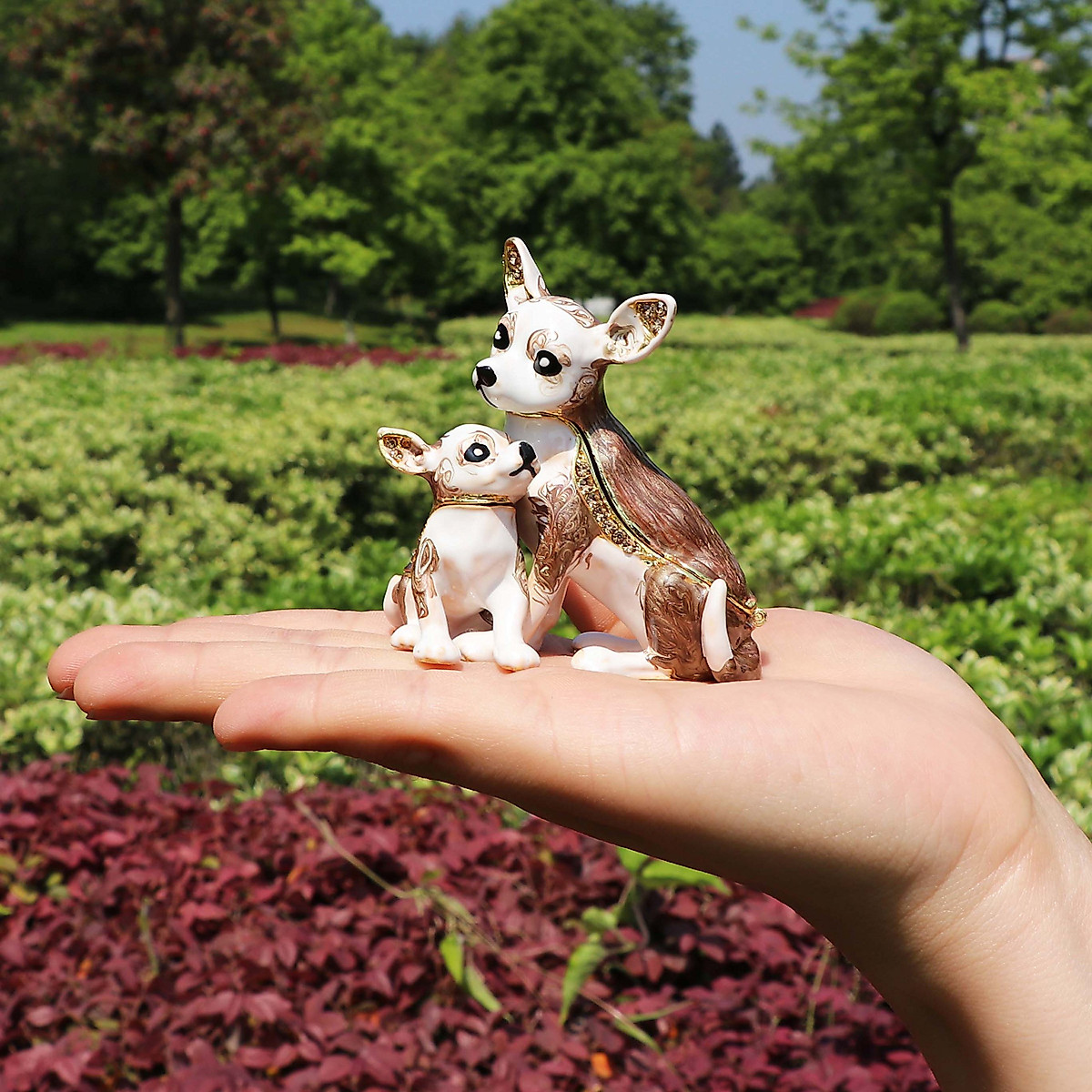 Waltz&F Trinket Box Hinged Hand-painted Chihuahua Mother and son dog Ring Holder