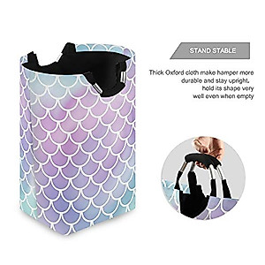 Blueangle Large Violet And Blue Mermaid Scales Laundry Basket Collapsible Oxford Fabric Laundry Hamper Foldable Clothes Laundry Bag with Handles