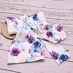 Newborn Floral Swaddle Blanket Purple Flower Rose Baby Receiving Blanket with Headband Soft and Stretchy Infant Swaddle Wrap Blanket for Baby Girl