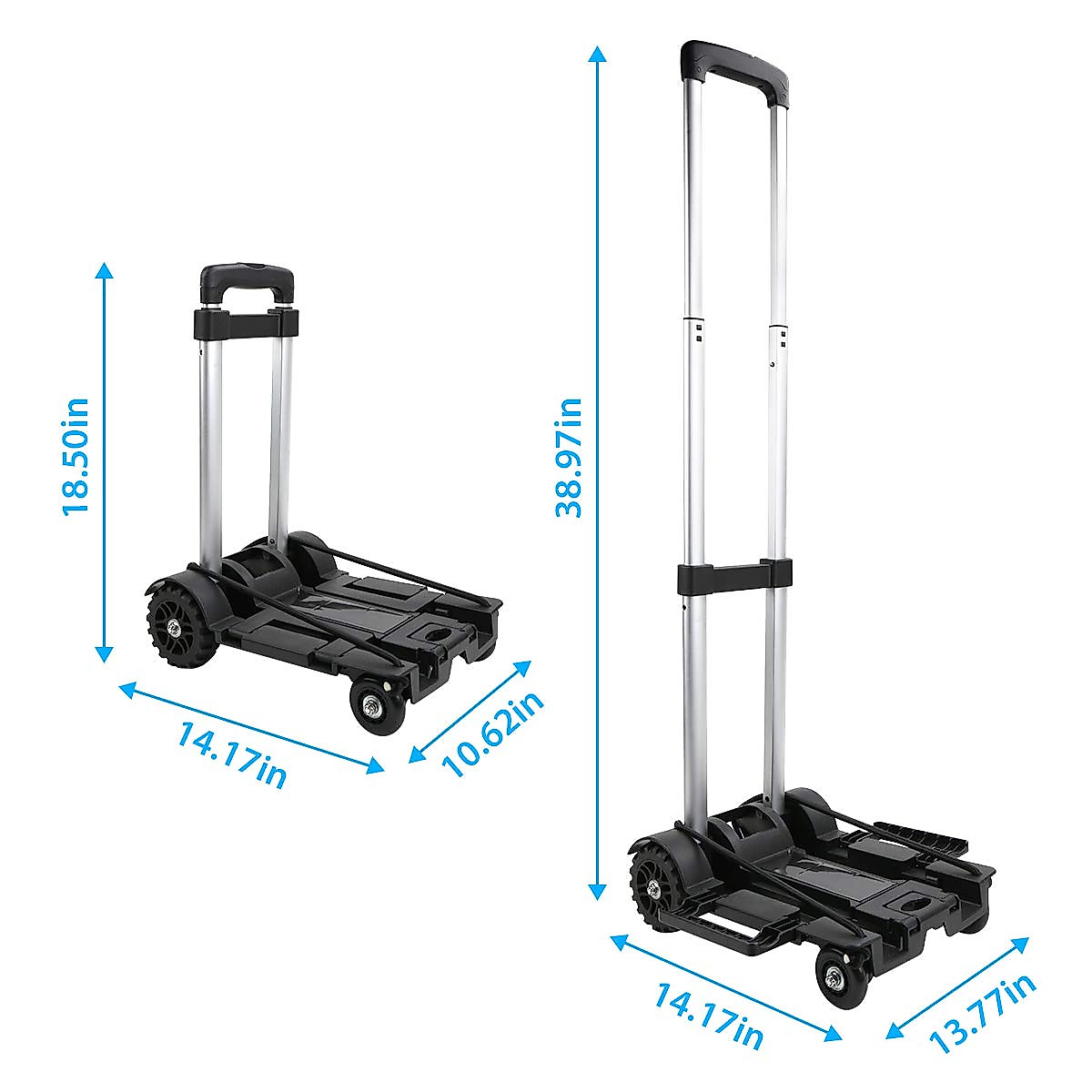 DricRoda Folding Hand Truck, 155lb Heavy Duty 4 Wheels Portable Luggage Cart, Lightweight Aluminum Foldable Carry-on Hand Trucks Dolly for Boxes and Parcels Moving, House or Office, Workshop Use