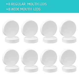 Aozita 16-Pack Plastic Mason Jar Lids with Sealing Rings - Storage Caps for Ball Kerr Canning Jars - 8 Regular Mouth and 8 Wide Mouth Jar Lids - 100% Sealing