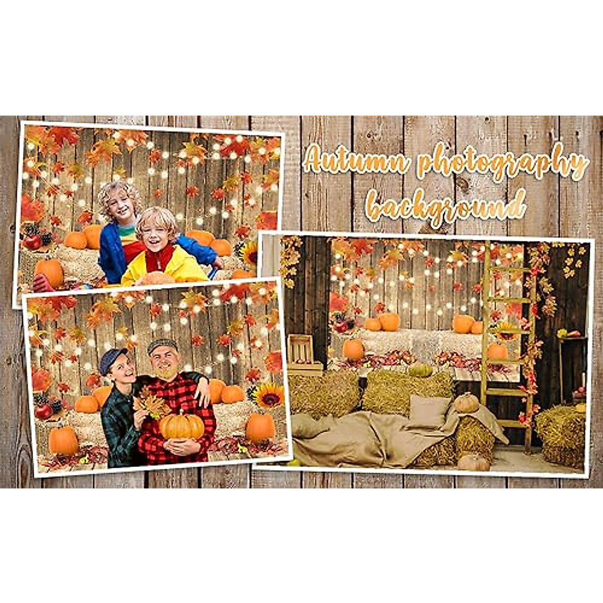 Avezano Fall Pumpkin Photography Backdrop Rustic Thanksgiving Harvest Wooden Floor Background Autumn Maple Leaves Baby Shower Decorations Party Supplies Photo Booth Props 7x5ft