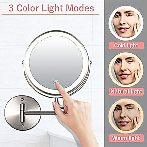 Rechargeable Lighted Wall Mounted Makeup Mirror 8 Inch 1X 10X Magnifying Double Sided, Touch Dimmable 3 Color LED Lights Vanity Mirror, Extendable 360° Swivel Bathroom Mirror, Brushed Nickel