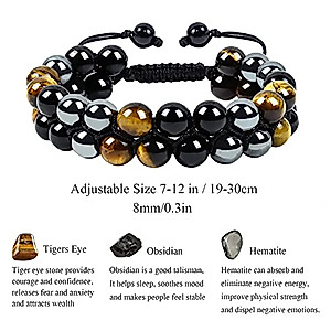 Triple Protection Bracelet Natural Black Obsidian Tigers Eye Hematite 8mm Beads Crystal Bracelet Healing Bracelets for Men Women Bring Prosperity Luck and Health