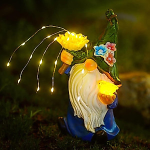 CHUANGFENG Outdoor Garden Gnomes Statue: 9.5‘’ Solar Garden Decor with LED Light Patio Yard Lawn Decoration Housewarming Birthday Gifts for Women