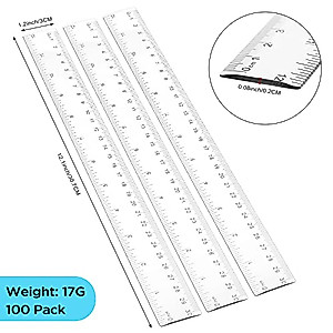 100 Pieces 12 Inch Ruler Bulk Clear Plastic Flexible Rulers with Centimeters and Inches Kids Ruler Straight Metric Ruler Drafting Measuring Tool for Classroom School Students Families Education