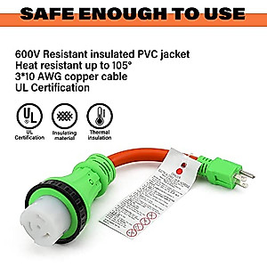 Flameweld RV Adapter Cord - NEMA 5-15P Male to SS2-50R Twist Lock Female, 50 Amp to 15 Amp 110 RV Adapter Cord with Locking Connector, 7500W STW 10/3 AWG RV Generator Cord, UL