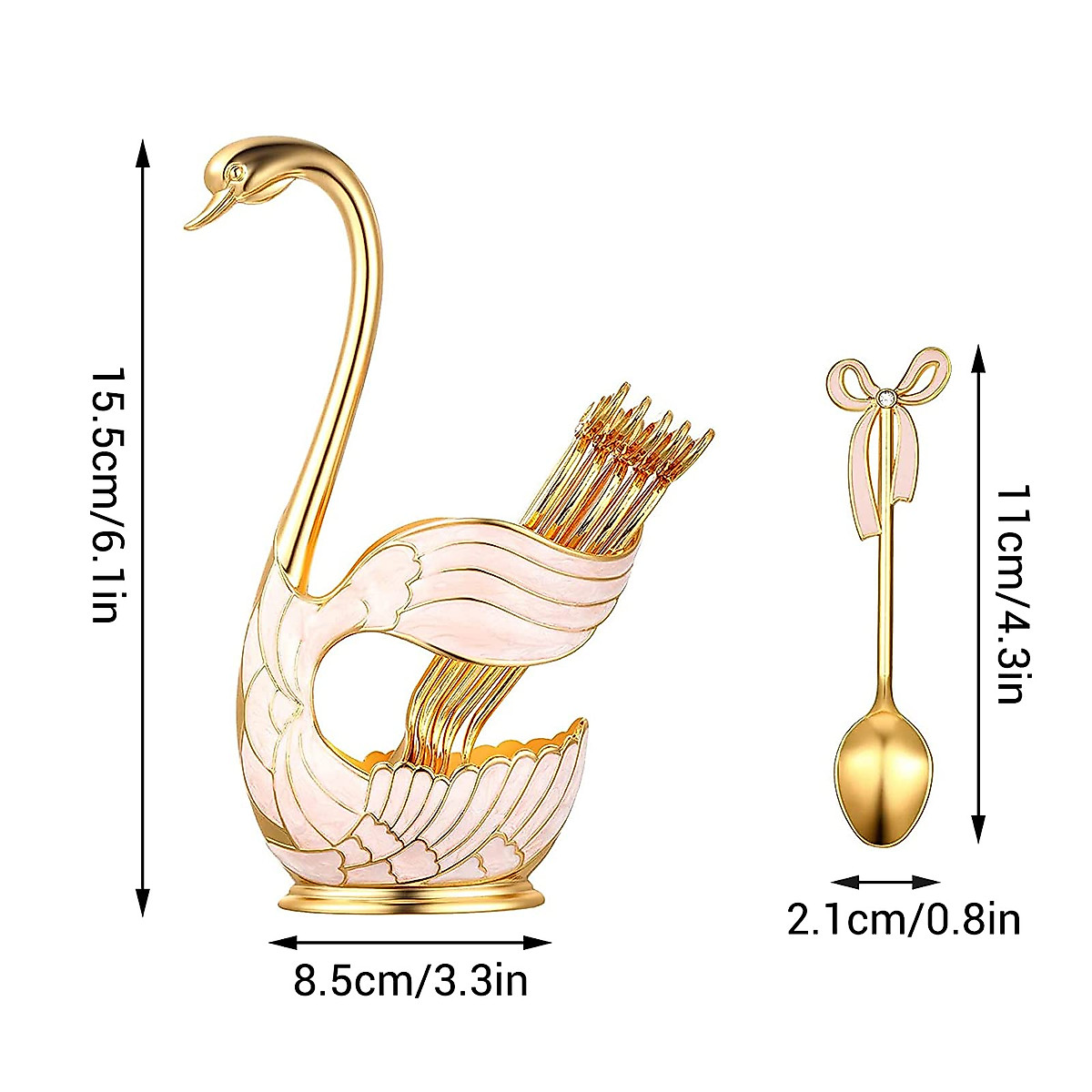 Metal Spoon Set Includes Swan Base Holder And 6 Spoons, Coffee Dessert Flatware Dinnerware Set With Organizer (Gold)