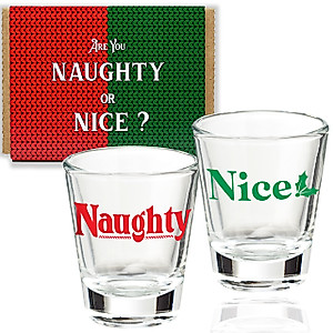 2 Shot Glasses - Christmas Naughty & Nice Novelty Glass Set - 1.5 oz Green Red Fun Gift Wrapped Boxed - Unique Fun Funny Gag Present For Him Her - Liquor Drinking Game