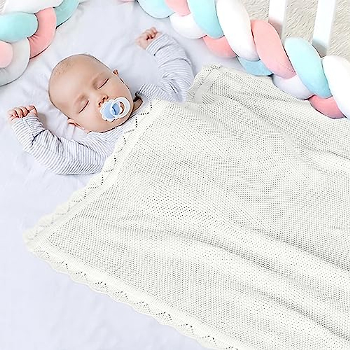 TRENDSTITCH 100% Cotton Baby Blanket Knit Lace Soft Warm Toddler Blanket,30 x 40 Inches，White