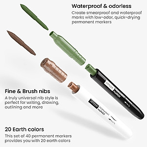 ARTEZA Colored Permanent Markers, Set of 40, Fine & Brush Tip Paint Pens
