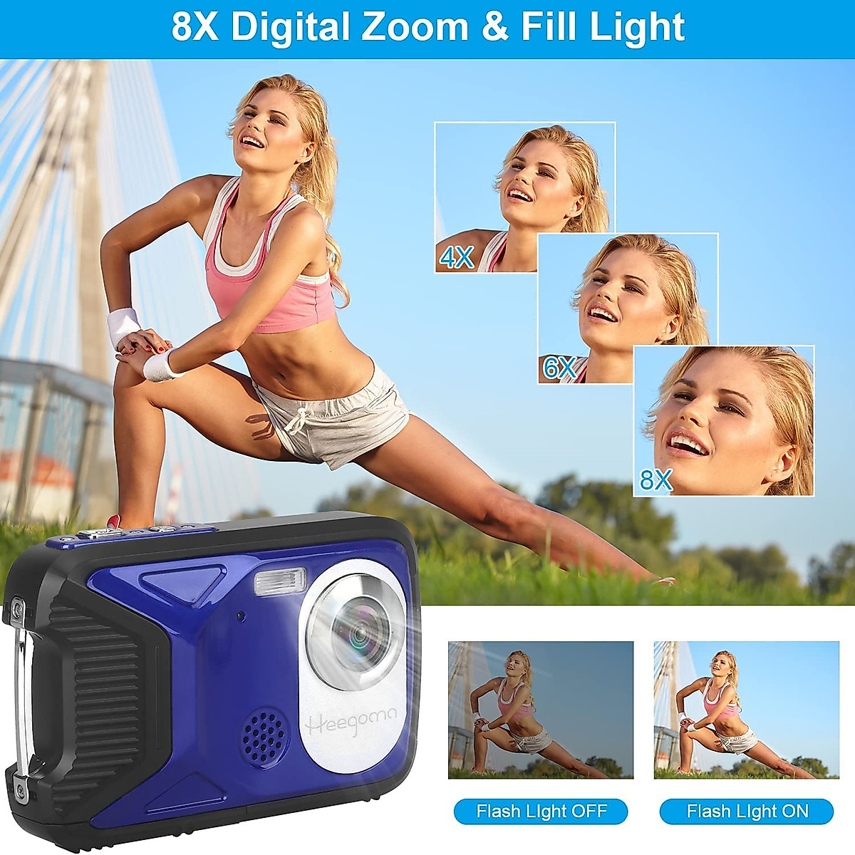 Waterproof Digital Camera 1080P 21MP Underwater Kids Camera with 2.8" LCD Screen 8X Digital Zoom Rechargeable Point and Shoot Camera Compact Portable Digital Camera for Kids Students,Teens Blue