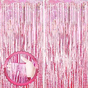 Voircoloria 2 Pack Laser Pink Tinsel Foil Fringe Curtains, Pink Party Decorations, Metallic Tinsel Party Streamers Backdrop for Birthday Bachelorette Baby Shower Graduation Wedding Party Decorations