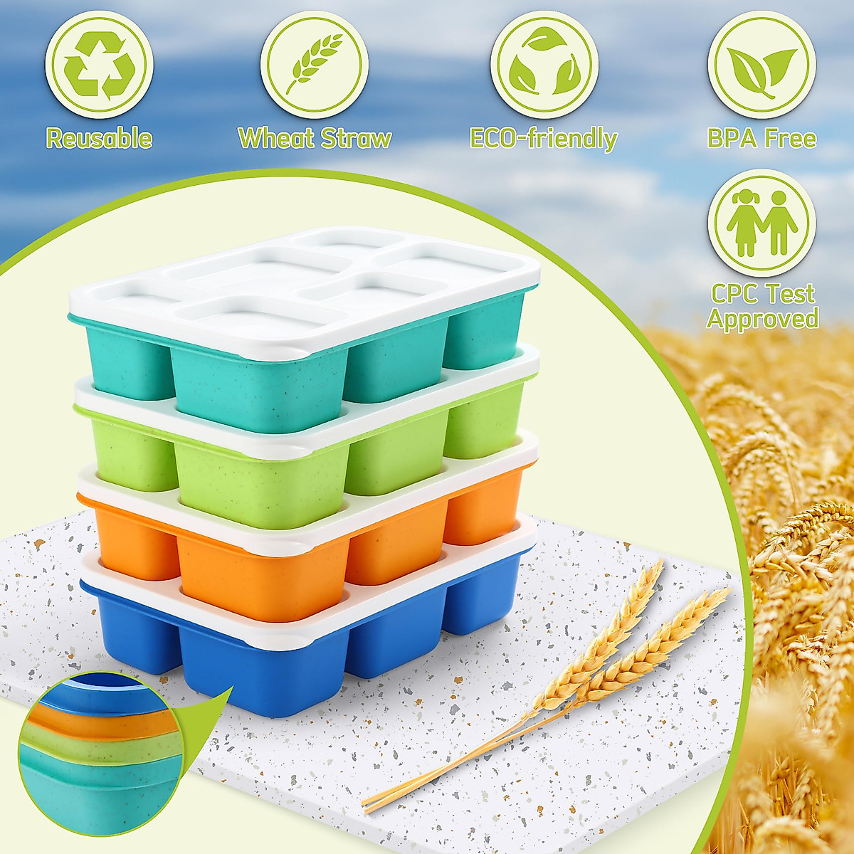 Bento Lunch Box Snack Containers, Reusable Meal Prep Lunchable Containers for Adults Kids, Stackable Bento Snack Box 4 Pack, 6 Compartment Divided Food Containers, Sauce Container, Bright Colors