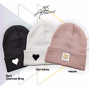 Atticus Poetry Cuffed Beanie for Women, Lightweight Acrylic Beanie for Year Round Wear - with Patch or Embroidered- One Size - Dark Grey Heart