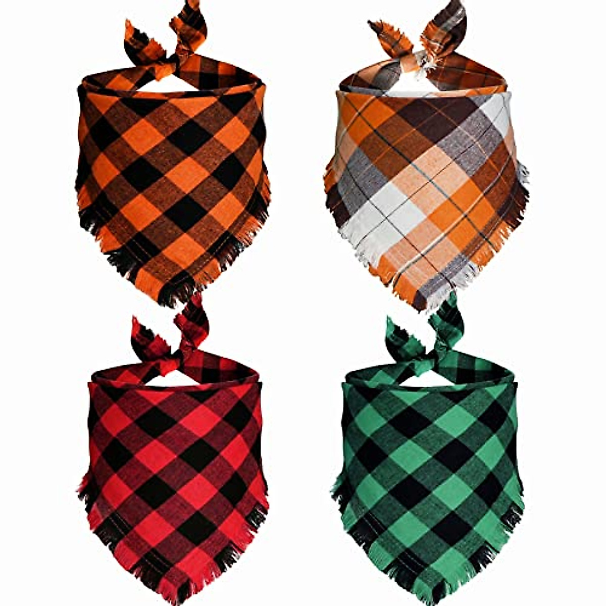 JOTFA 4 Pack Halloween Thanksgiving Day Christmas Dog Bandanas, Holiday Plaid Dog Puppy Bandana with Tassel Edge Dog Costume for Small Medium Large Dogs Pets