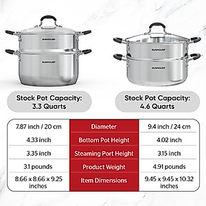 SUNHOUSE 3.3 Quart Steamer Pots With Lid 2-Tier Multipurpose Stainless Steel Steaming Pot Cookware For Vegetable, Dumpling, Sauce, Food - Triple Bottom, Measurement Line