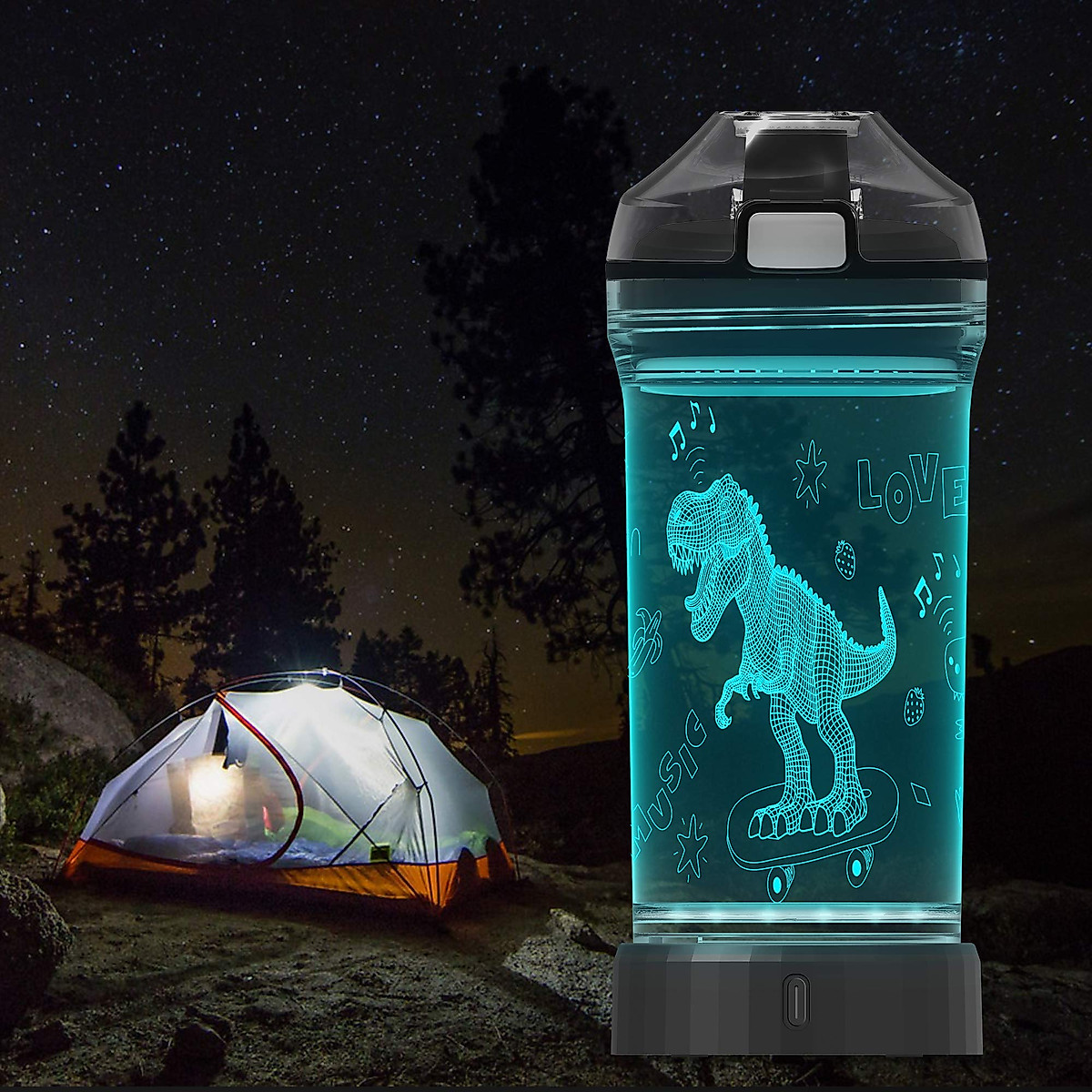 Lightzz Kids Watter Bottle，3D Dinosaur Cup with LED Illusion Light with 7 Color Changing Light - 14 0z BPA Free - Creative Travel Cup Dinosaur Gift for School Kid Boy Holiday