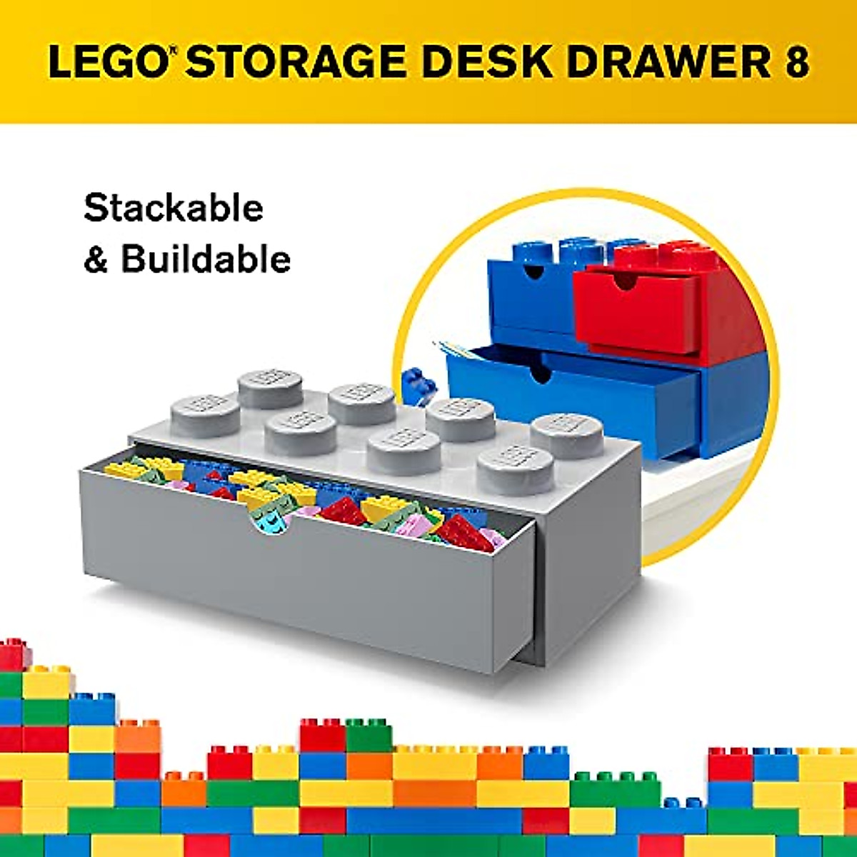 Room Copenhagen Lego Storage Brick 8 Desk Drawer, 8-Stud Stackable Tabletop Storage Box, 12.4 x 6.2 x 4.4 in, Stone Grey