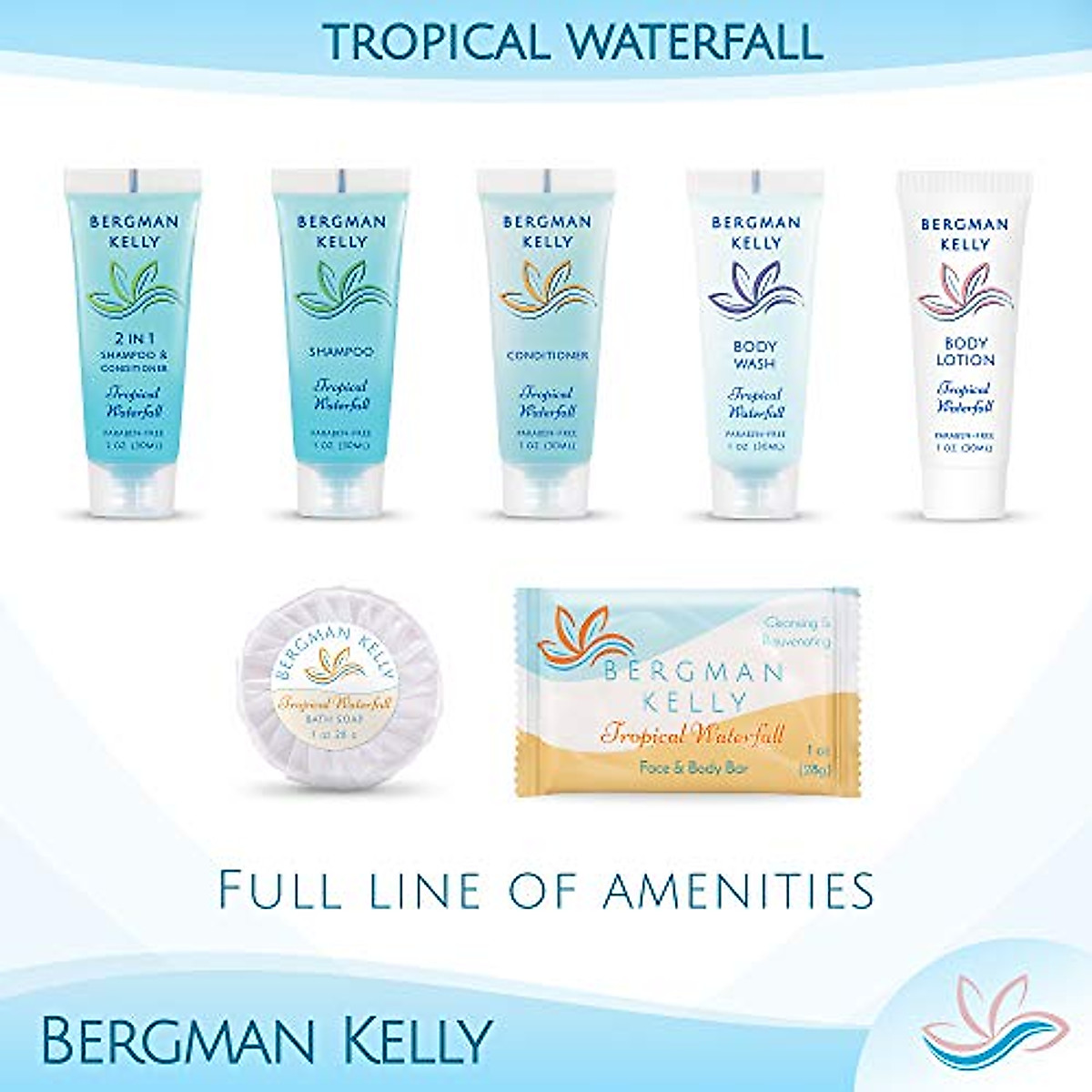 BERGMAN KELLY Hotel Toiletries Bundle (Tropical Waterfall, 1 oz each, 200 Pieces) 4-Piece Set: 50 Rectangular Bar Soap, 50 Shampoo, 50 Conditioner & 50 Body Lotion - Bulk Mini Guest Amenities