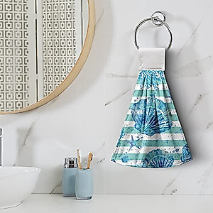 Kwlegh Coastal Seashells Hanging Hand Towels Set of 2 Teal Stripes Tie Towels Summer Starfish Bathroom Towels Absorbent Kitchen Towels with Hanging Loop for Bathroom for Bathroom Kitchen 12x17 Inch