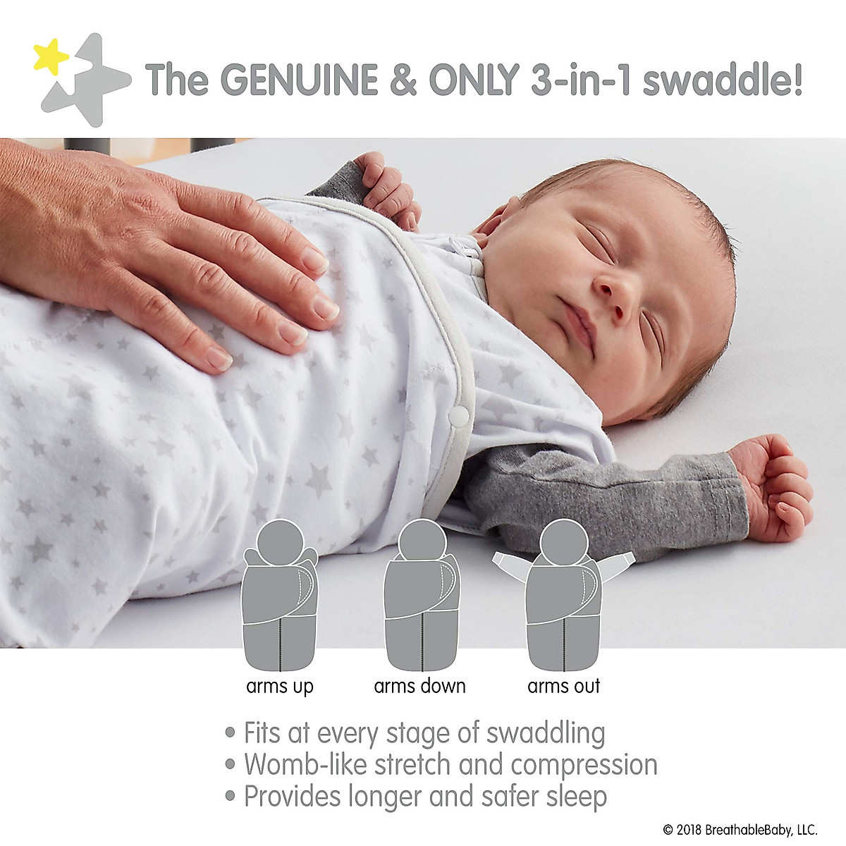 BreathableBaby Adjustable 3-in-1 Soft Premium Cotton Newborn Swaddle Trio Blanket & Wrap, (Infants 0-4 months) – Gray Watercolor Stripe, Arms Up, Arms Down, Arms Out, 61233-A