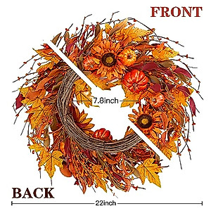Sggvecsy Fall Wreath 22’’ Autumn Front Door Wreath Harvest Wreath with Pumpkin Sunflower Berry Maple Leaves Fall Decorations for Outside Indoor Wall Window Festival Thanksgiving Fall Autumn Decor