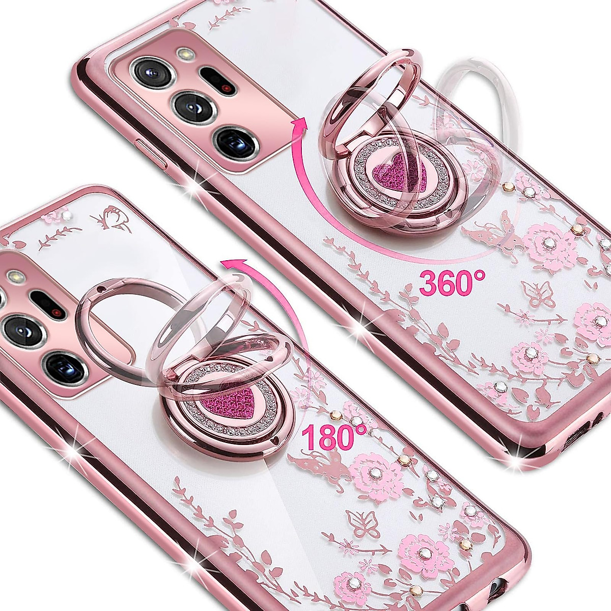 for Note 20 Ultra Case,Galaxy Note 20 Ultra Case for Women, Glitter Crystal Butterfly Heart Floral Slim TPU Bling Cute Girls Protective Cover with Ring Holder Stand+Strap for Note 20 Ultra(Rose Gold)