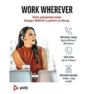 Poly Voyager 5200 UC Wireless Headset & Charging Case (Plantronics) - Single-Ear Bluetooth Headset w/Noise-Canceling Mic - Connect Mobile/Mac/PC via Bluetooth - Works w/Teams, Zoom - Amazon Exclusive