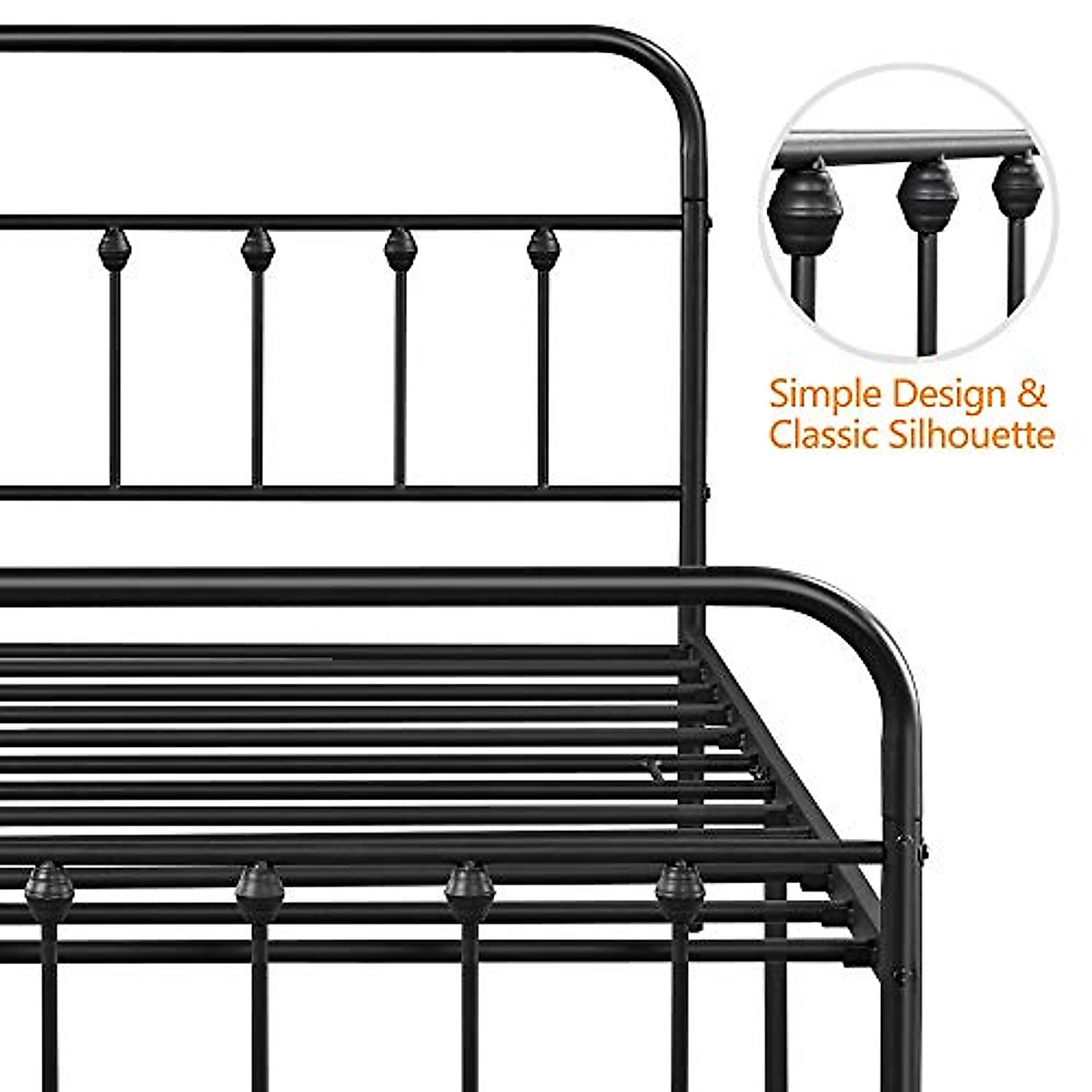 Topeakmart Twin Size Victorian Style Metal Bed Frame with Headboard/Mattress Foundation/No Box Spring Needed/Under Bed Storage/Strong Slat Support Black