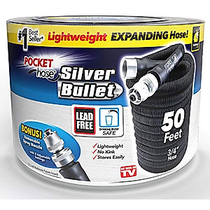 Pocket Hose Silver Bullet 50 ft Turbo Shot Nozzle Multiple Spray Patterns Expandable Garden Hose 3/4 in Solid Aluminum Fittings Lead-Free Lightweight and No-Kink