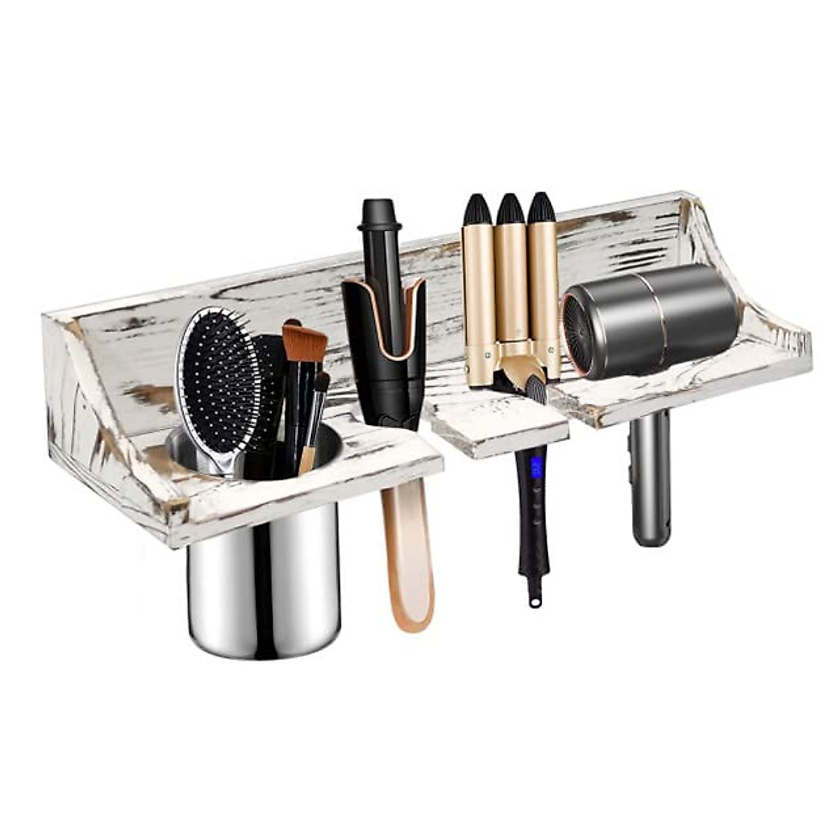 Hair Dryer Holder Wall Mounted Blow Holder Bathroom Hair Tool Organizer, Hair Styling Care Tool Organizer, Rustic Wood Beauty Appliance for Flat Iron, Curling Wand, Hair Straighteners（Rustic White ）