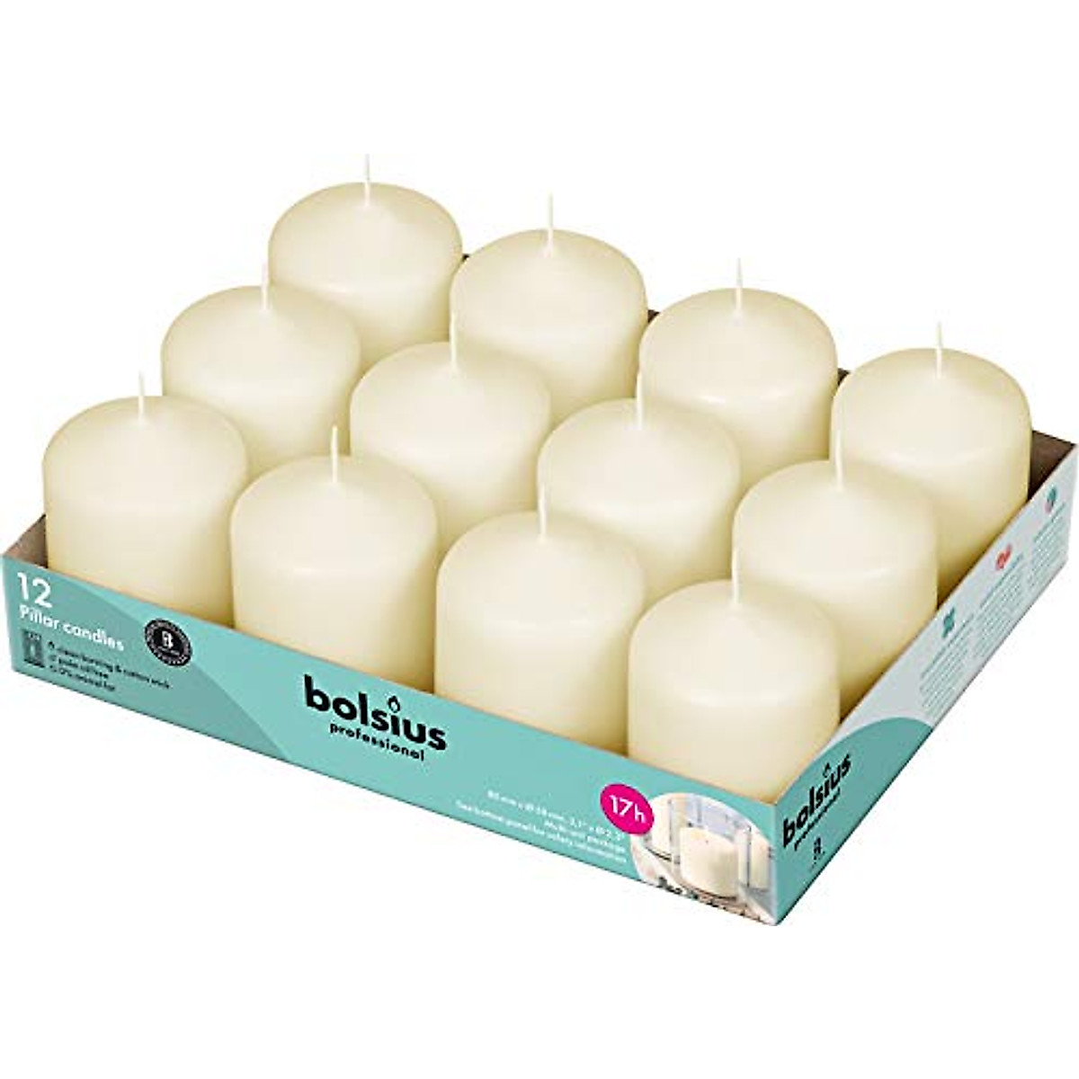 BOLSIUS Set of 12 Ivory Pillar Candles - 2.25-x3-inch Unscented Candle Set - Dripless Clean Burning Smokeless Dinner Candle - Perfect for Wedding Candles, Parties and Special Occasions