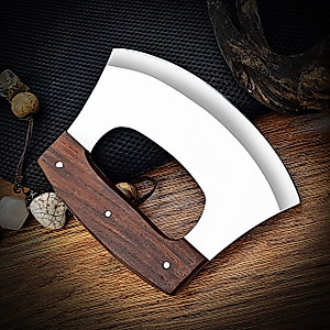 RIGGER KNIFE Carbon Steel Handmade Ulu Knife Pizza Cutter Rocker Knife Mezzaluna Knife with sheath Rocker Boning Knife for Slicing, Chopping, Camping, Outdoor, Kitchen With Sheath, Large