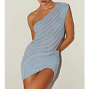 KIGRAD Women’s Sexy Y2K One Shoulder Sheer Ladder Knit Mini Dress Sleeveless Cut Out Slim Bodycon Summer Short Dresses Light Blue