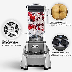 JAWZ High Performance Blender, 64 Oz Professional Grade Countertop Blender, Food Processor, Juicer, Smoothie or Nut Butter Maker, Simple 2 Speed Toggle Switch w Pulse, Stainless Steel Blades, Silver
