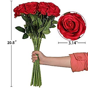 Amzali Artificial Flowers, Real Looking Blush Fake Rose Long Stem Silk Artificial Rose Flowers Home Decor for Bridal Wedding Bouquet, Centerpieces Birthday Flowers Party Garden Floral Arrangement Red