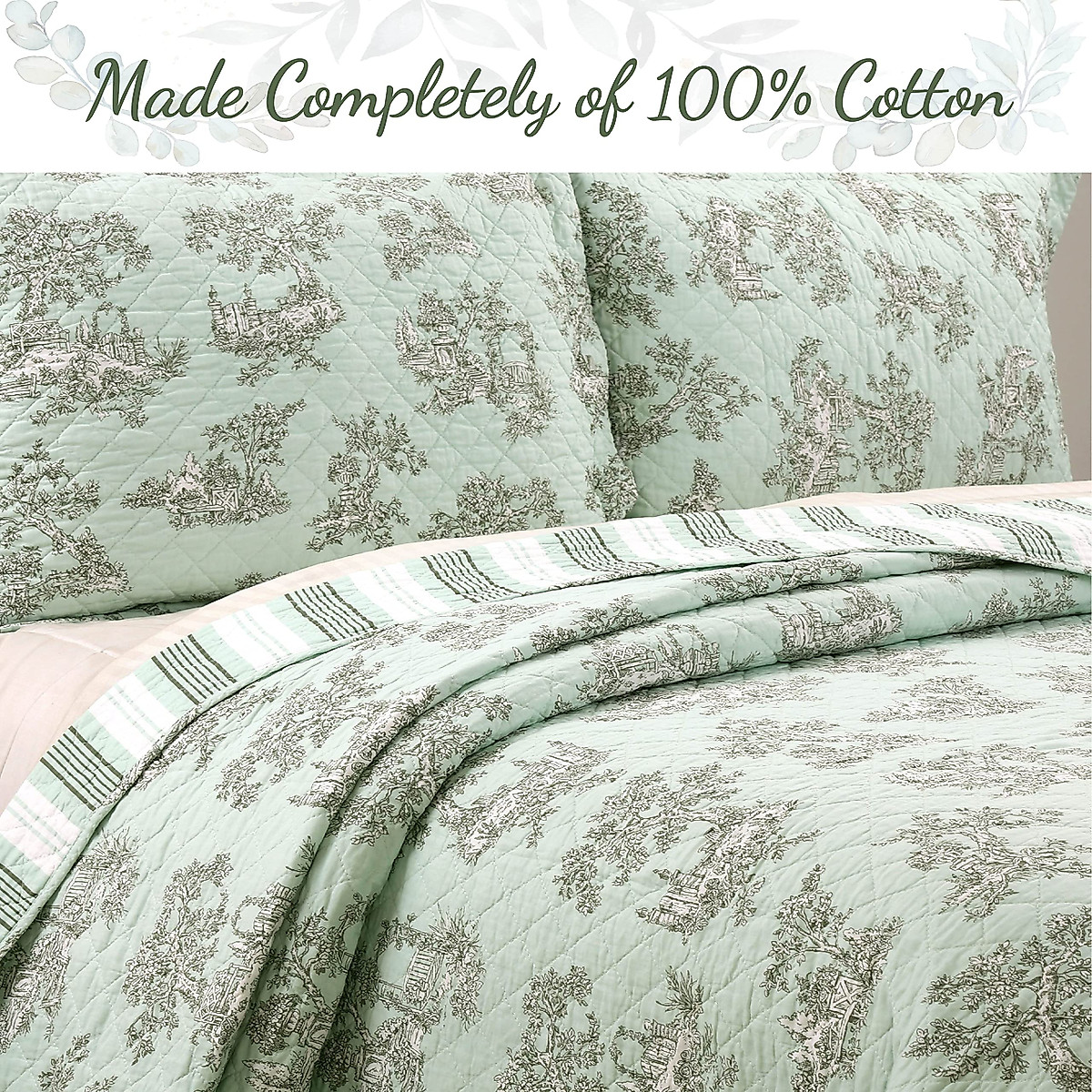 Cozy Line Home Fashions Vintage Cottage Garden Toile Mint Green 100% Cotton Reversible Girl Quilt Bedding Set, Coverlet, Bedspread (Garden Toile, King - 3 Piece)