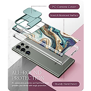 HORTUNE for Samsung Galaxy S23 Ultra Case with Slide Camera Cover, [Military Grade Drop Protection] Marble Phone Case Shockproof Stylish Slim Fit for S23 Ultra 6.8" 2023 (Starry/Green)