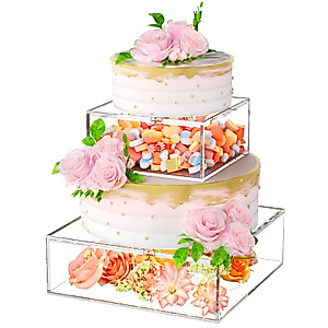 2PCS Clear Acrylic Cake Stand, Fillable Cake Box Riser Cake Tier, Square Cake Display Box with Lid, Decorative Centerpiece Box for Wedding Birthday Party (2pcs, 10" Dx4” H; 6" Dx4” H, 2M LED Lights)