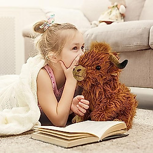 rivoeis 10.5 inches Highland Cow Stuffed Animals, Cute Fluffy Cow Plush Figure Toys Realistic Highland Cattle Plush Decor for Kids Baby Girls Boys Birthday Gifts