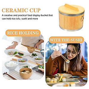 Hemoton Sushi Rice Cooling Bowl Wooden Rice Bucket Wooden Hangiri Sushi Rice Mixing Tub with Lid Stainless Steel Rice Warmer Japanese Rice Cooking Tub