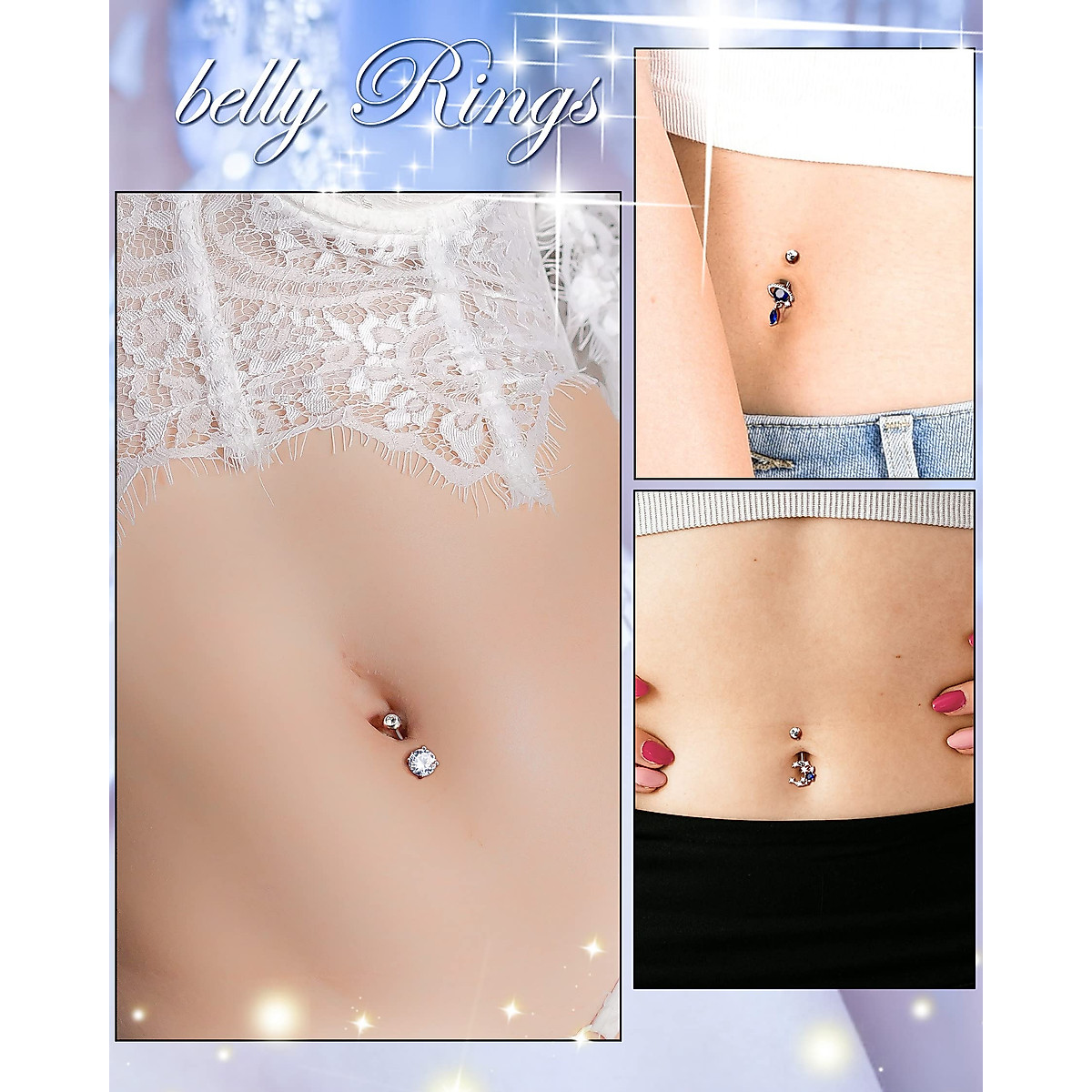 Melighting 14G Belly Button Rings Pack Stainless Steel 316L Blue Belly Rings for Women Clear CZ Planet Belly Piercing Moon Navel Barbell Body Piercing Jewelry (Blue)